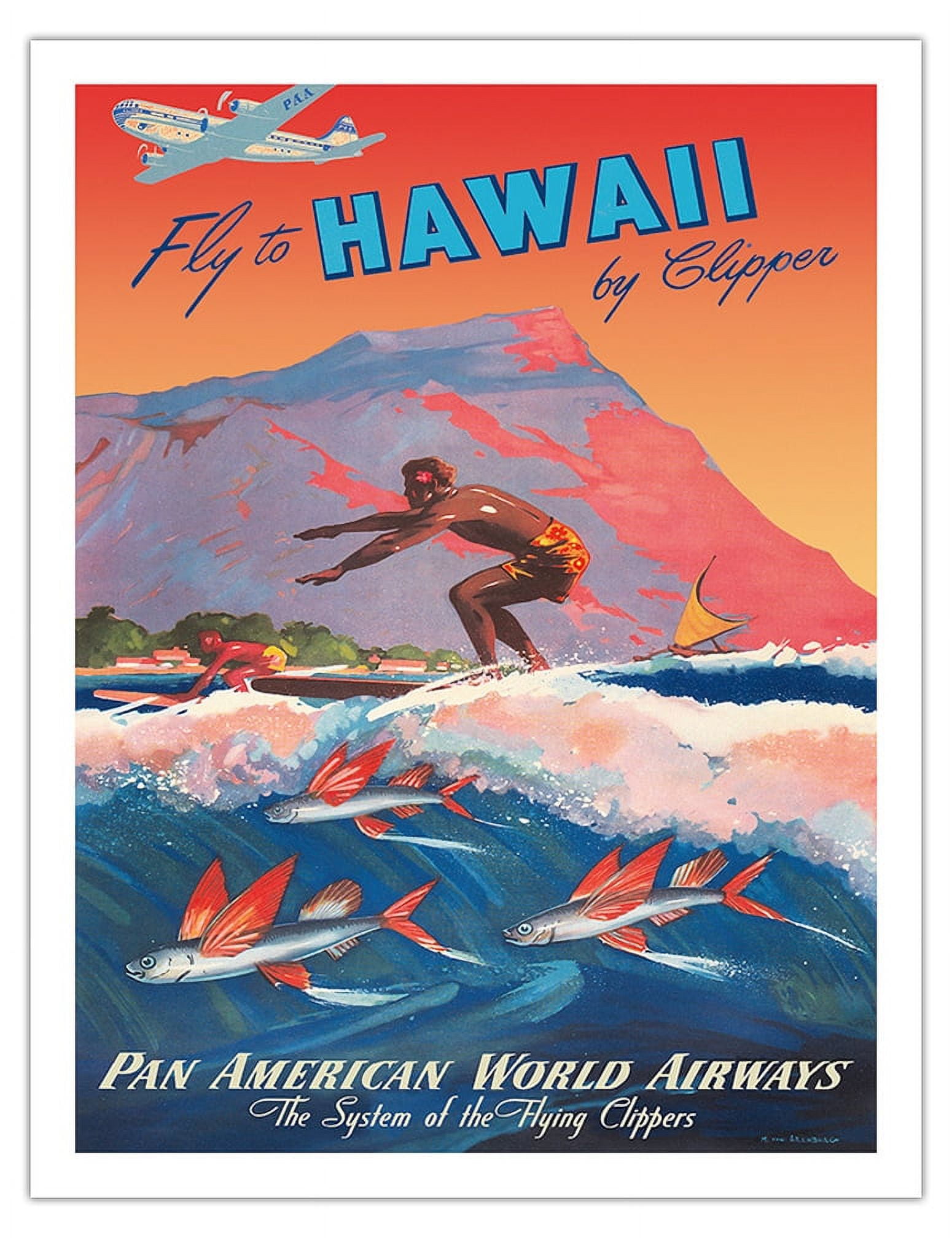 Fly To Hawaii by Clipper - Pan American World Airways - Surfer Diamond Head Crater - Vintage ...