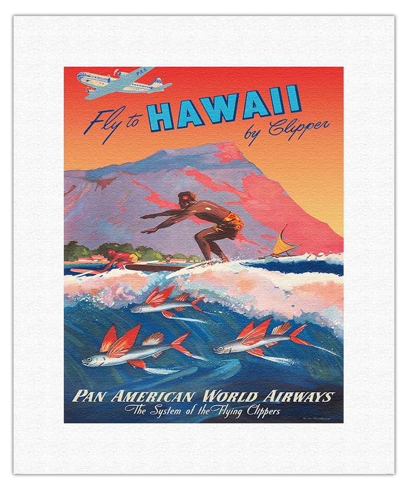 Fly To Hawaii by Clipper - Pan American World Airways - Surfer Diamond Head Crater - Vintage ...