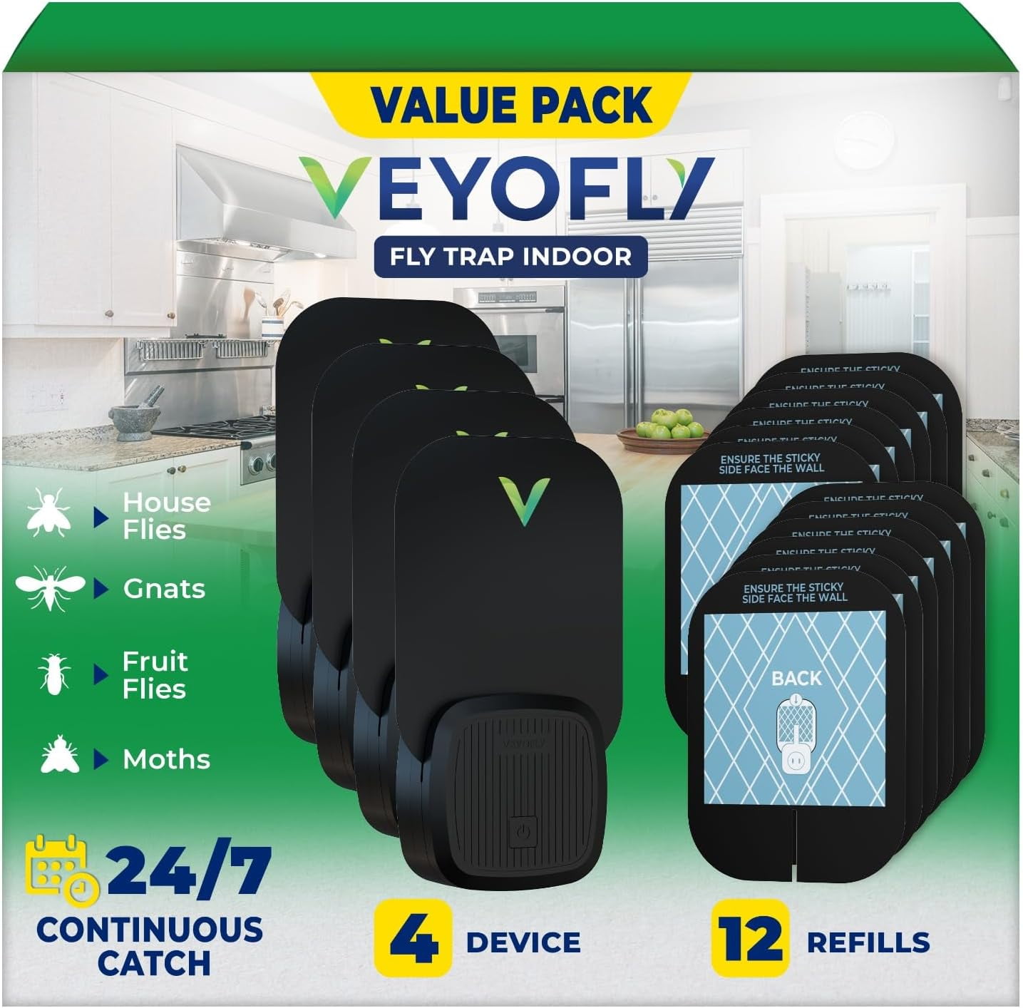 Fly Trap Indoor, Fruit Fly Traps for Indoors, (4 Device + 12 Refills ...