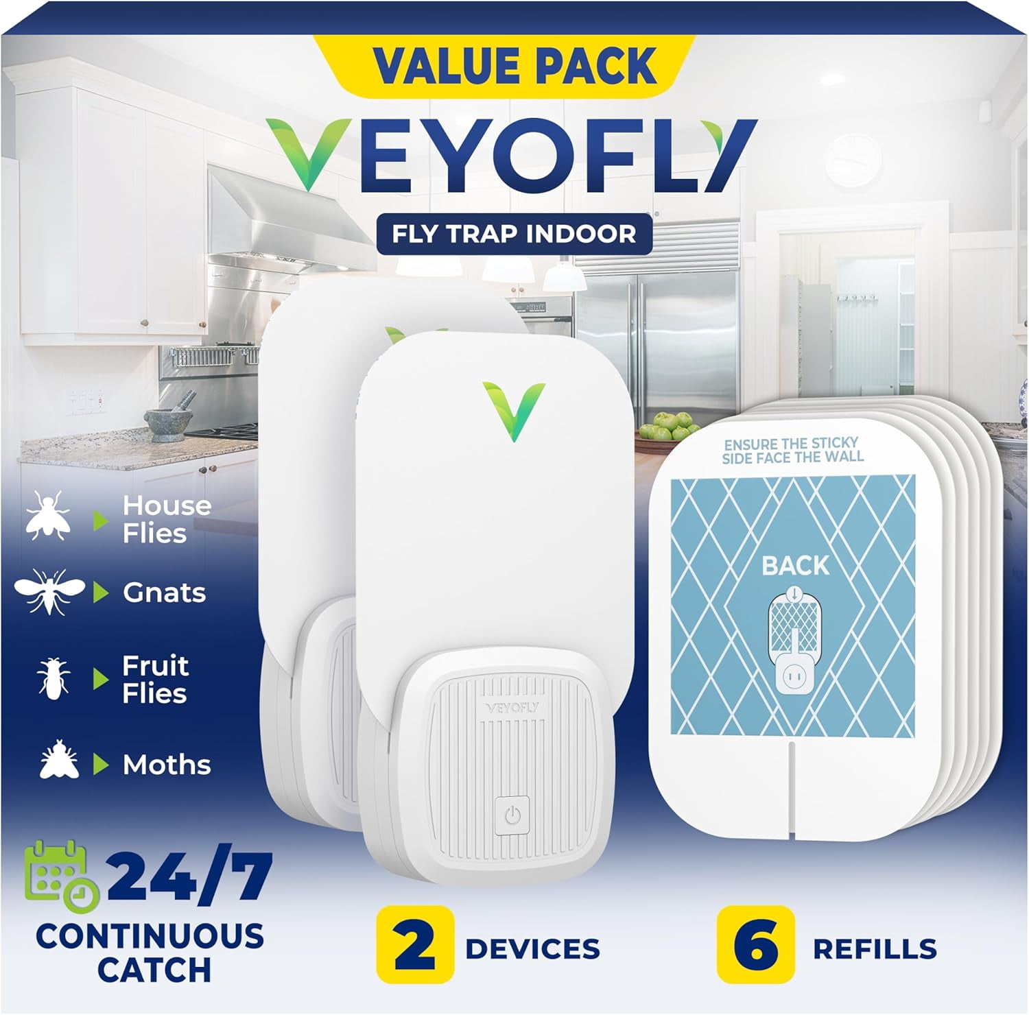 Fly Trap Indoor, Fruit Fly Traps for Indoors Flying Insect (2 Device + 6 Refills) Gnat Traps for ...