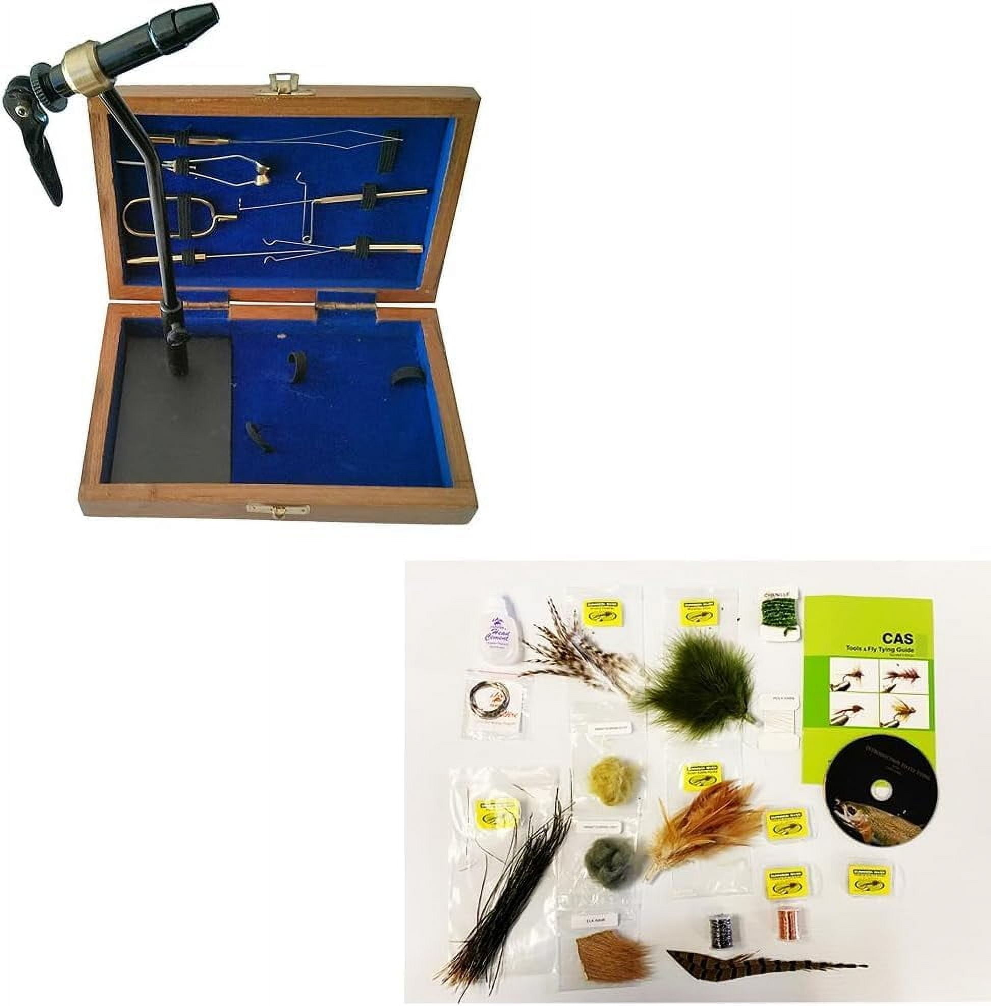 Fly Tying Standard Tool Kit with Wooden Box, Book & DVD, Rotary Vise ...