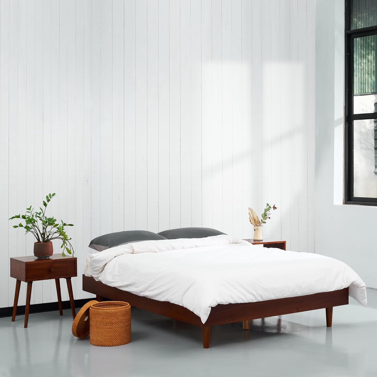 Fly Wooden Bed Frame with Headboard, Solid Wood Foundation with Silent ...