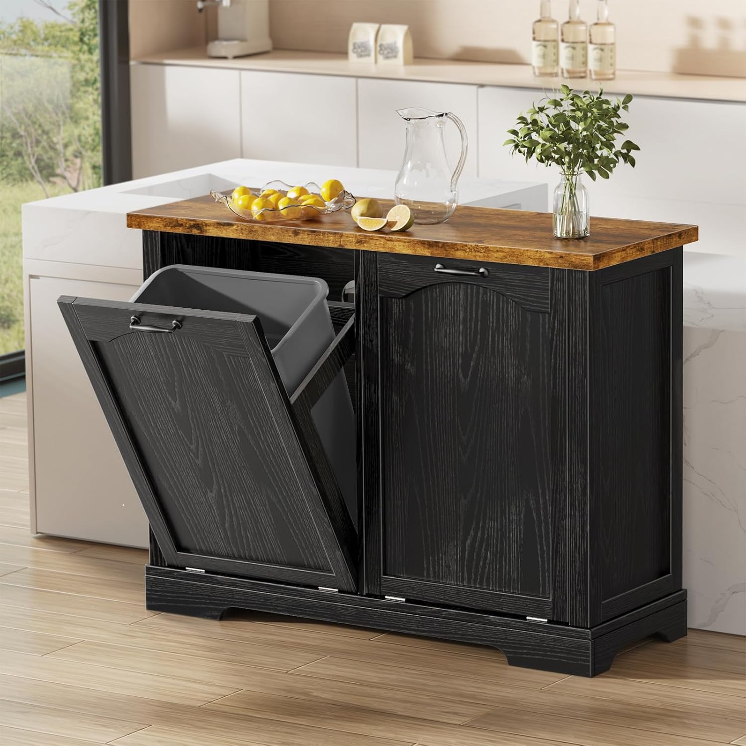 Kitchen Tilt Out Trash Bin, Wooden Garbage Cabinet with Drawer, Trash ...