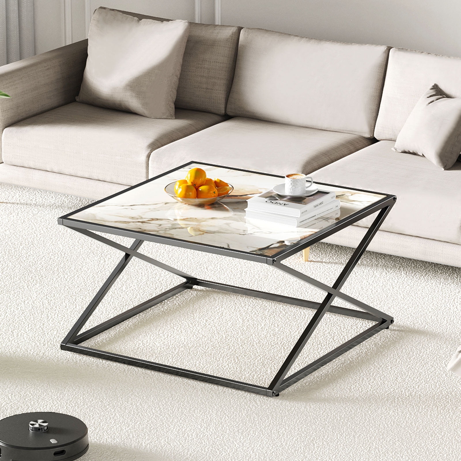 Flycity 27.6 Inch Marble Coffee Table, White Top Small Square Coffee ...