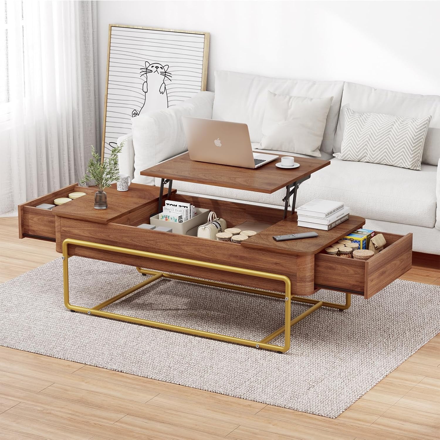 Flycity 48" Lift Top Coffee Table with Storage 2 Drawers ,Wooden ...