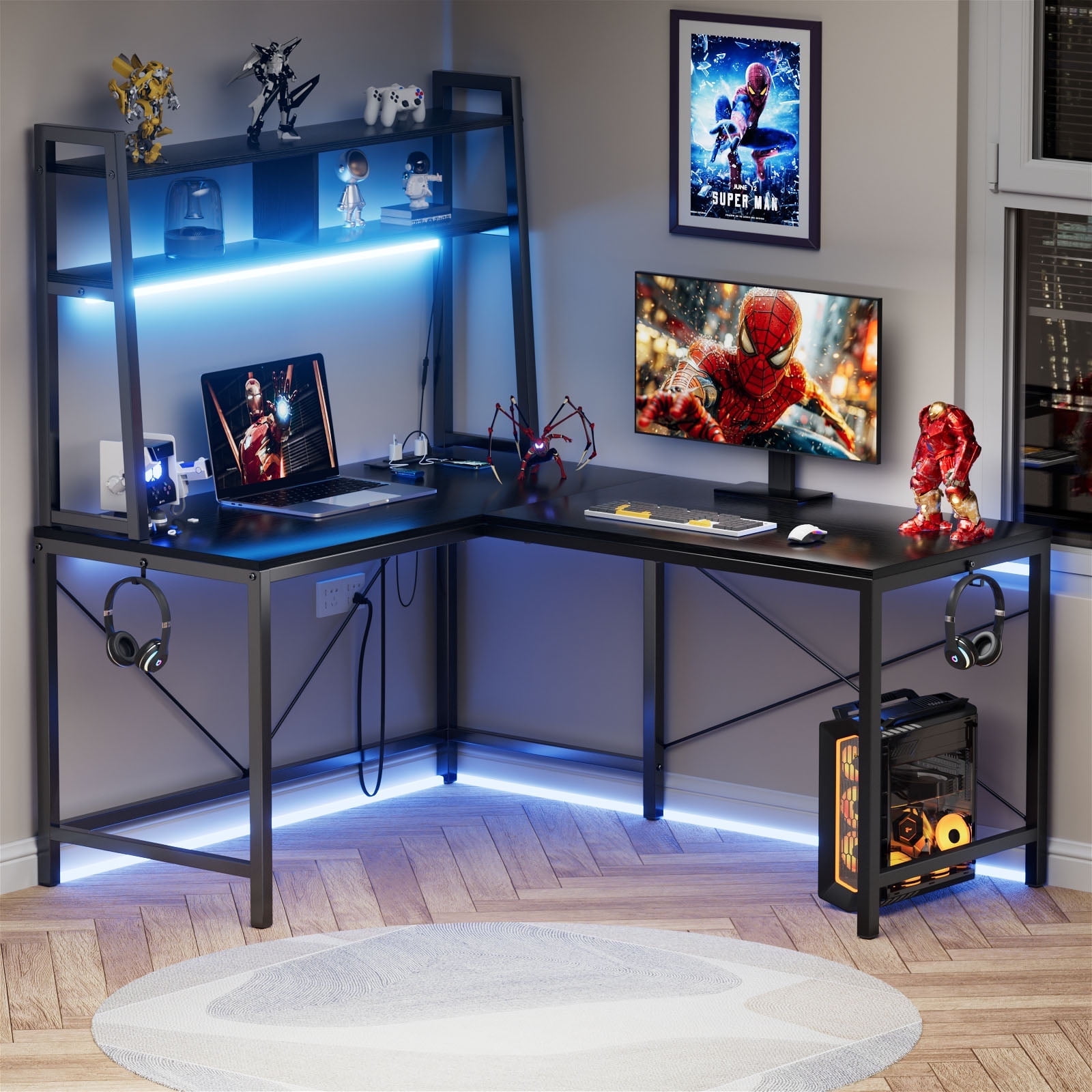 Flycity 93.3 inch L Shaped Gaming Desk with Hutch, LED Lights & Power ...