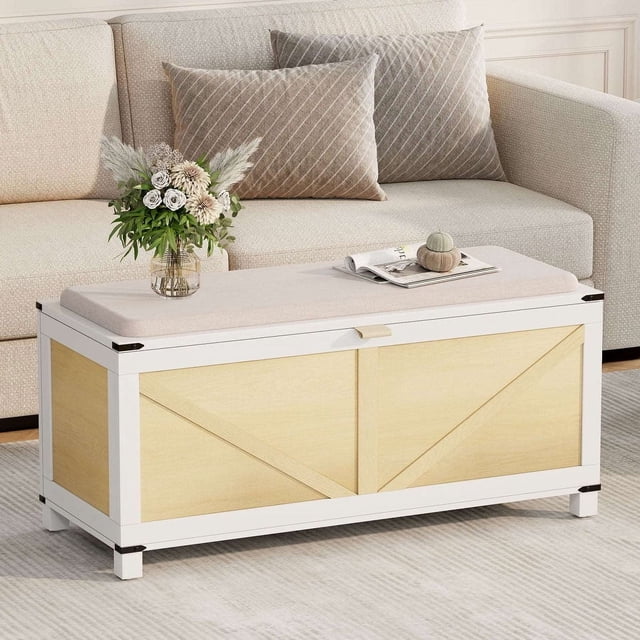Flycity Farmhouse Storage Ottoman with Detachable Cushion, Large ...