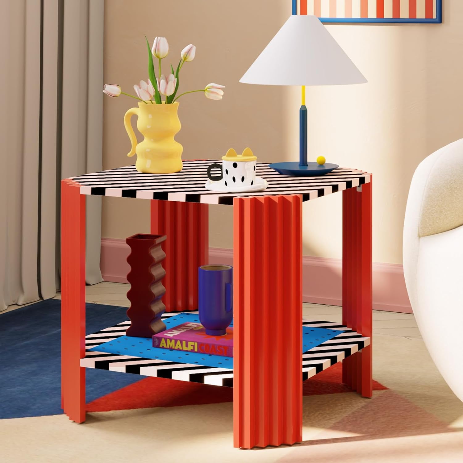 Flycity Memphis Modern Style End Table, Striped Design Wood Side Table ...