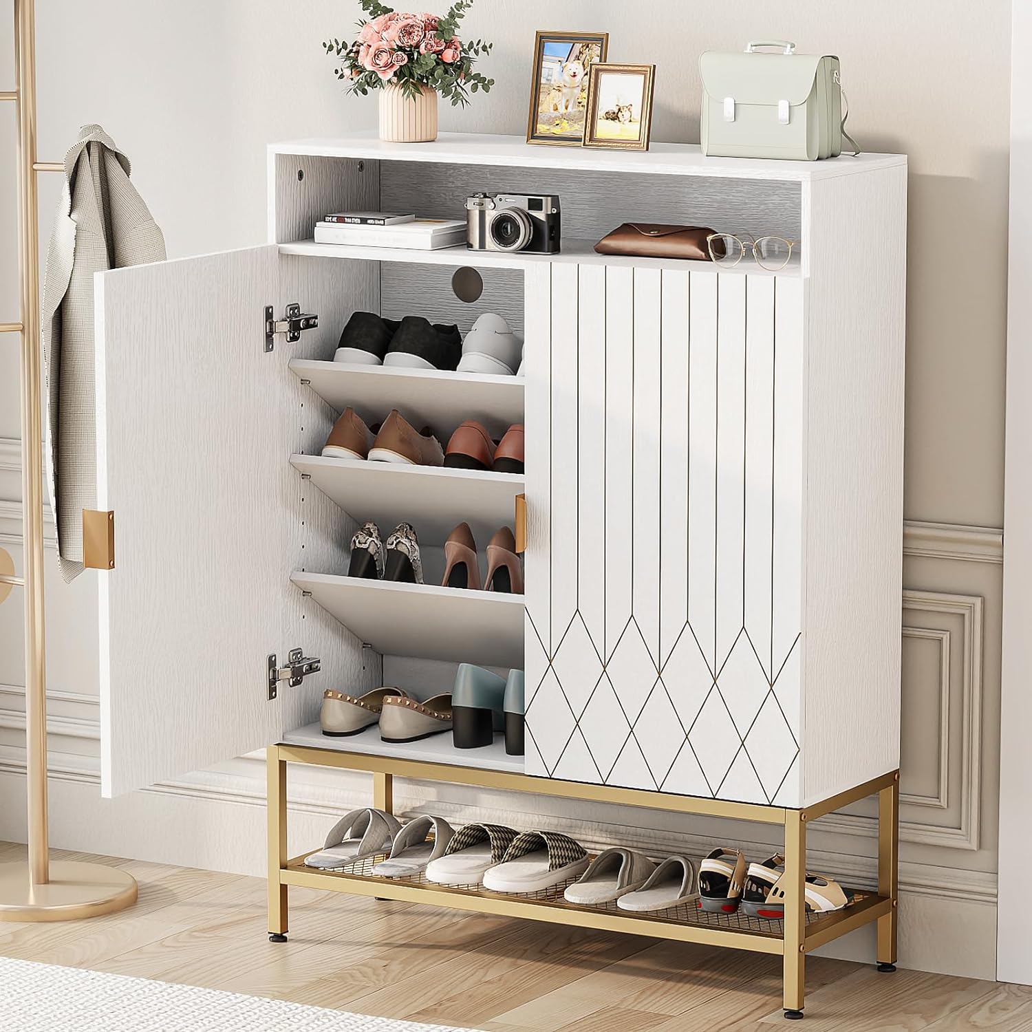 DEALTOPS Modern Freestanding Shoe Cabinet with 24 Square Shoe ...