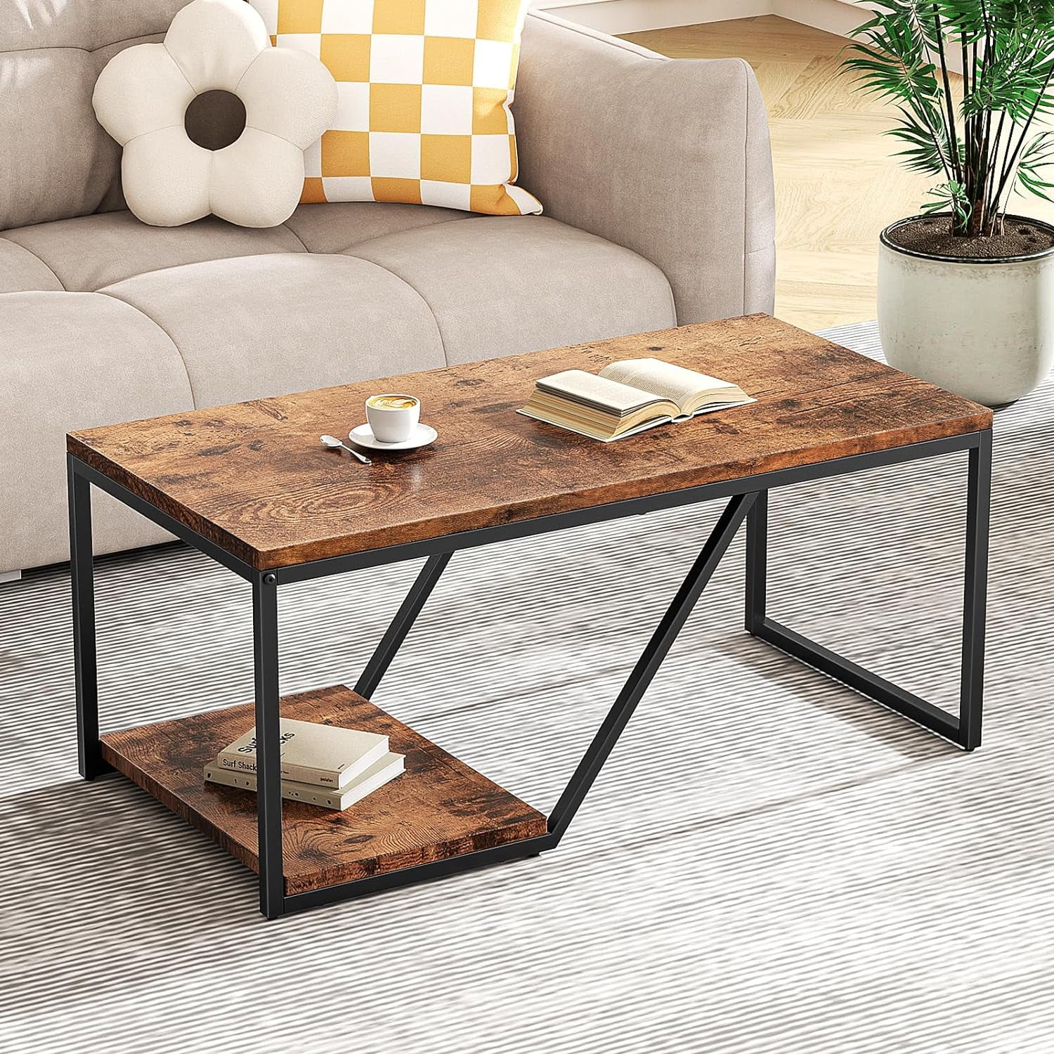 Flycity 2-Tier Rustic Coffee Table, Rectangle Industrial Design with ...