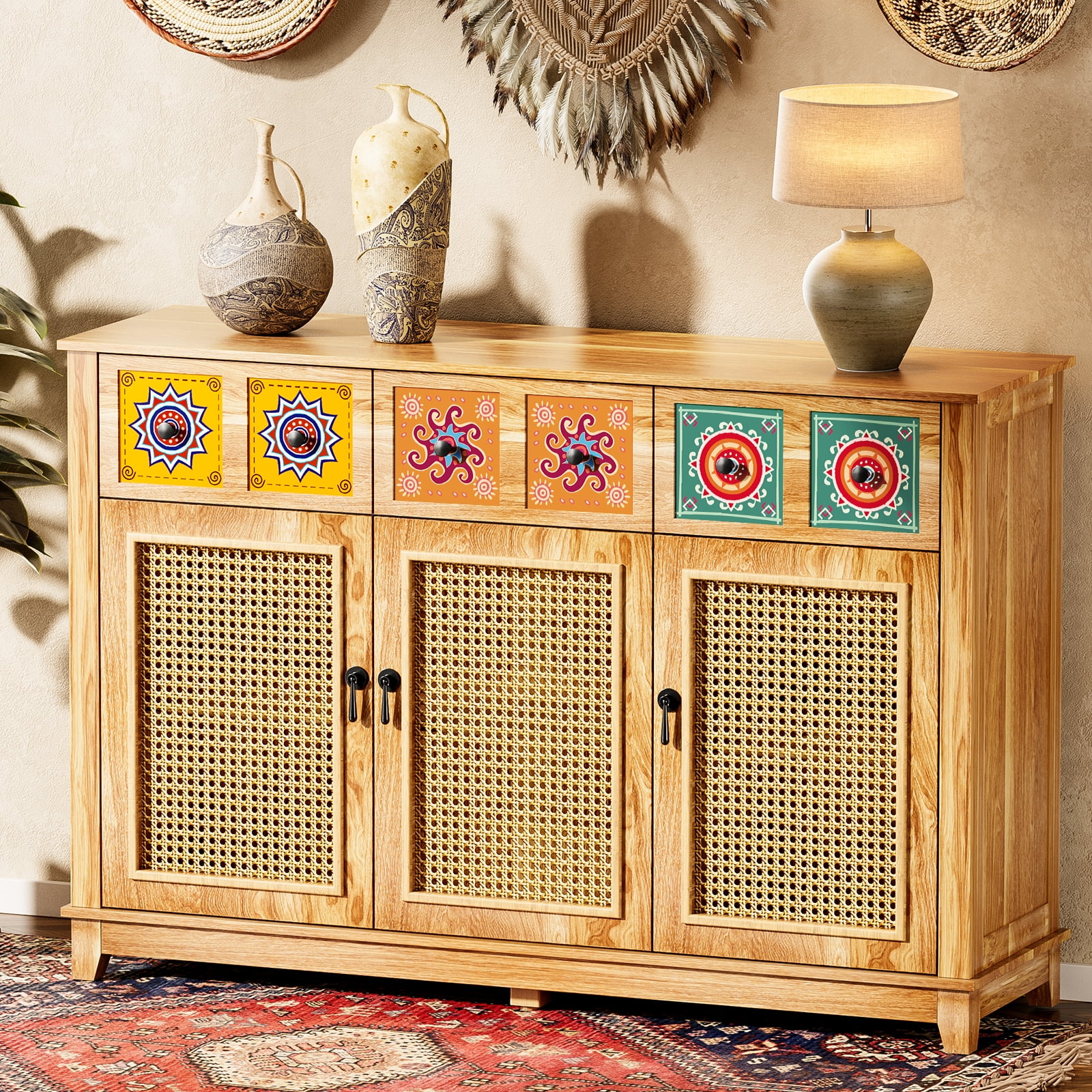 Flycity Sideboard Buffet Cabinet with Storage, Rattan Floor Cabinet ...