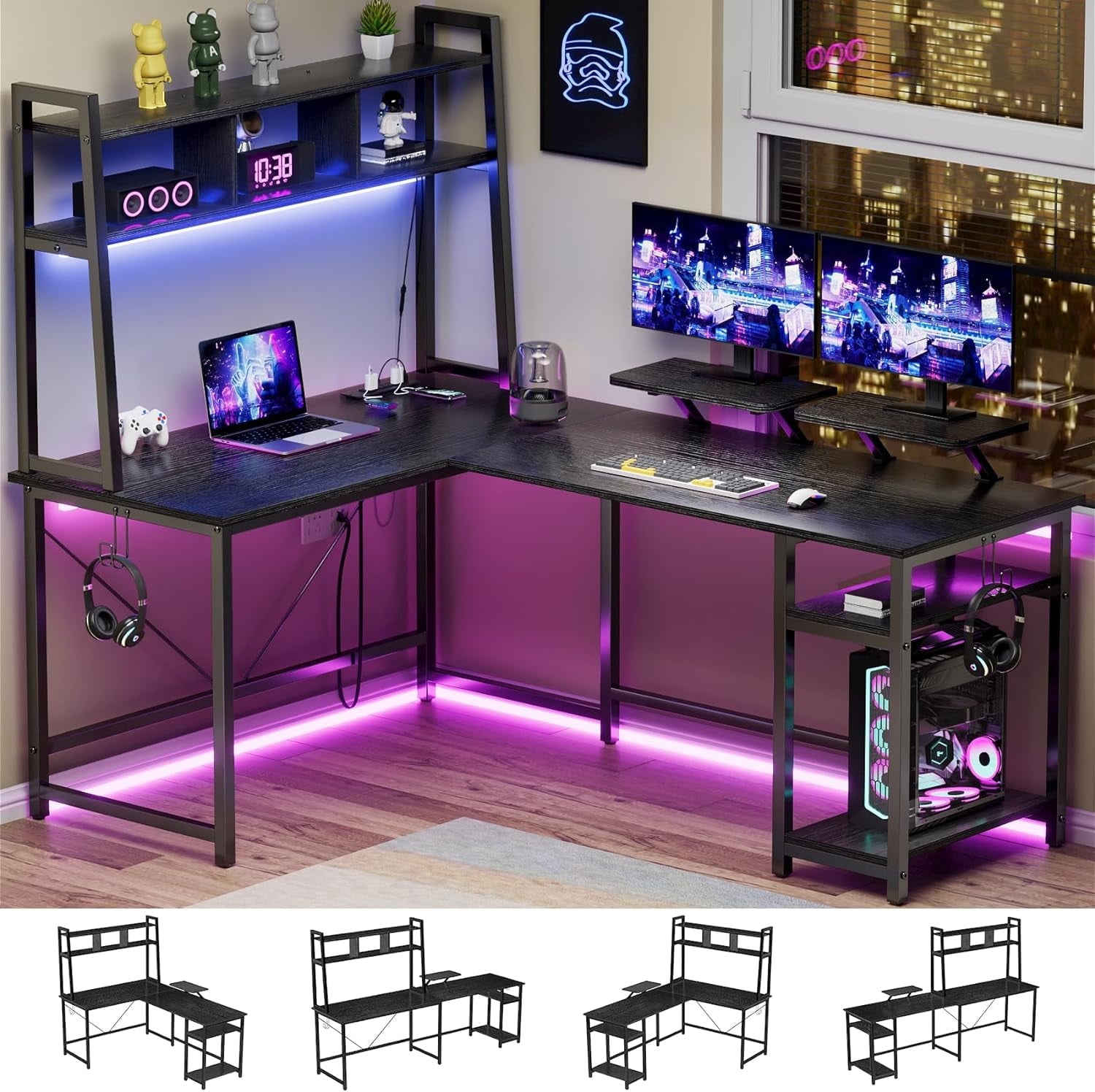 Flycity L-Shaped Gaming Desk with Hutch, LED Lights, Power Outlets ...