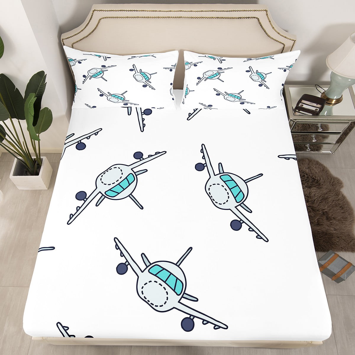 Flying Airplane Fitted Sheet Cartoon Aircraft Bedding Set Full Kids ...