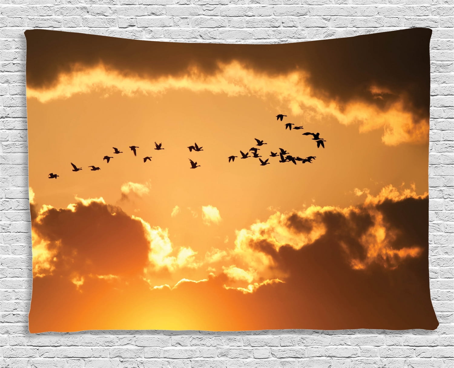 Flying Birds Decor Tapestry, Flock of Migratory Canadian Geese Flying at Sunset Cloudy Sky ...