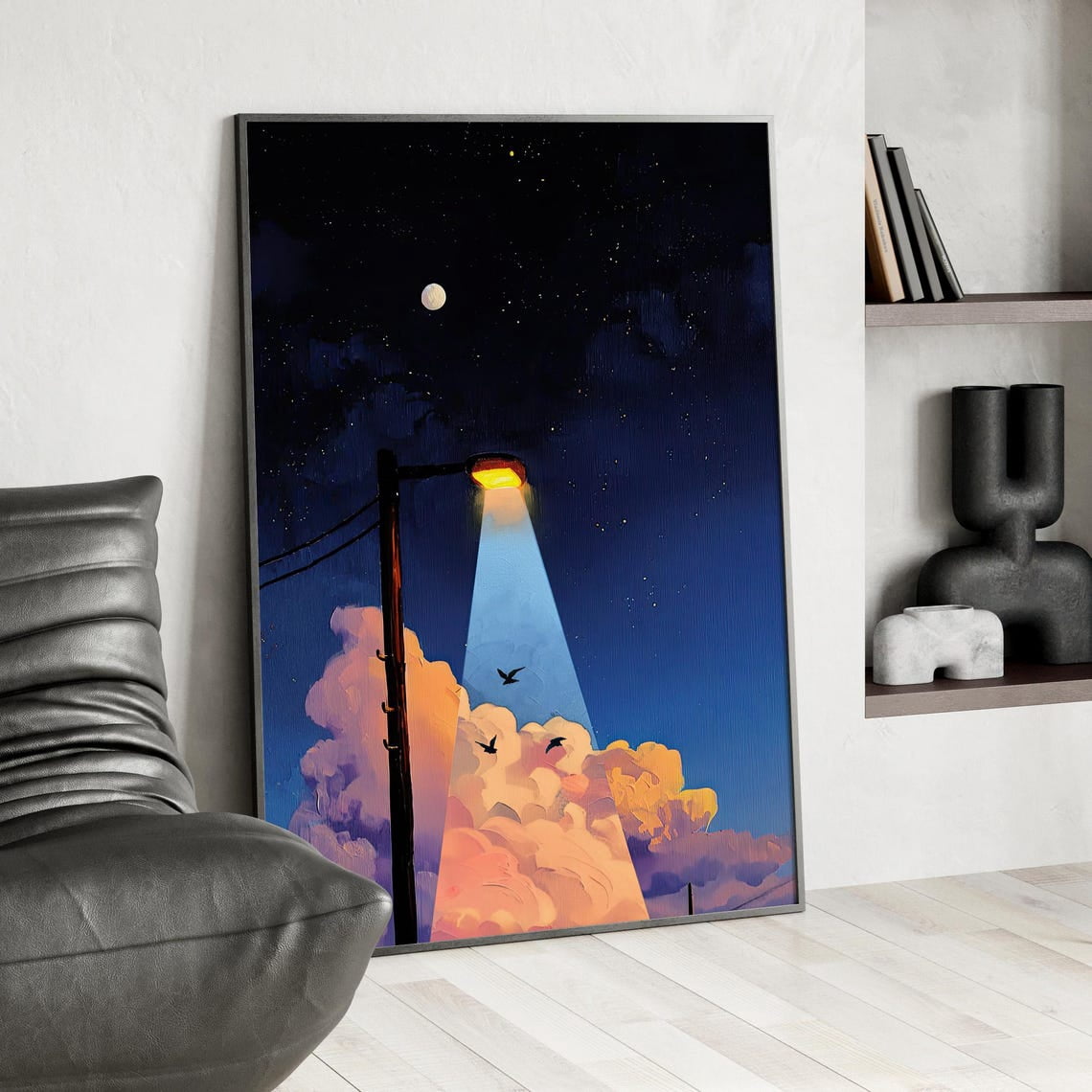 Flying Birds Night Sky Wall Art, Pink Cloud Starry Decor, Unframed ...