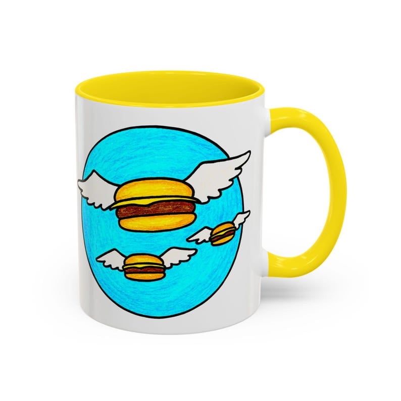 Flying Burger Mug, WhimsiC1Al H1and Drawn Cheeseburger with Wings, Fun ...