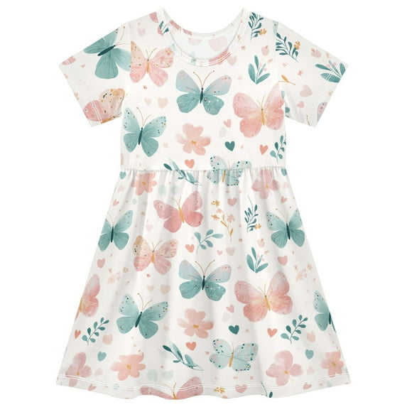 Flying Butterflies Short Sleeve Dress A-Line Cute Midi Casual Sundress ...