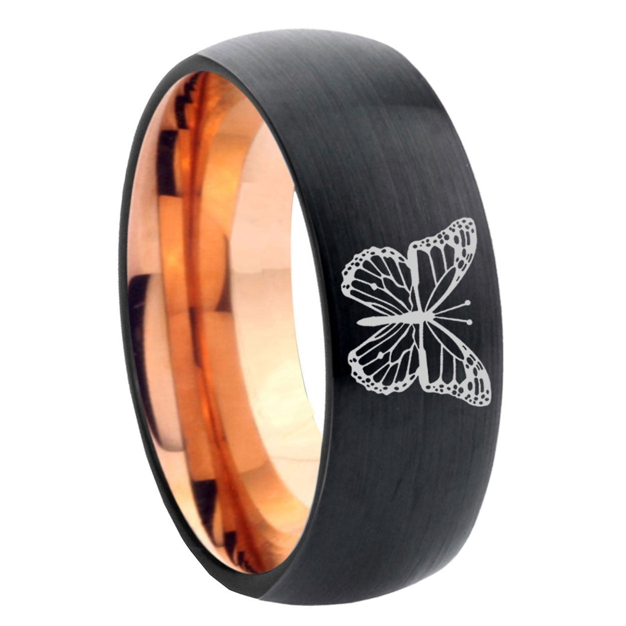 Flying Butterfly 8MM Dome Black And Rose Gold Tungsten Wedding Ring ...