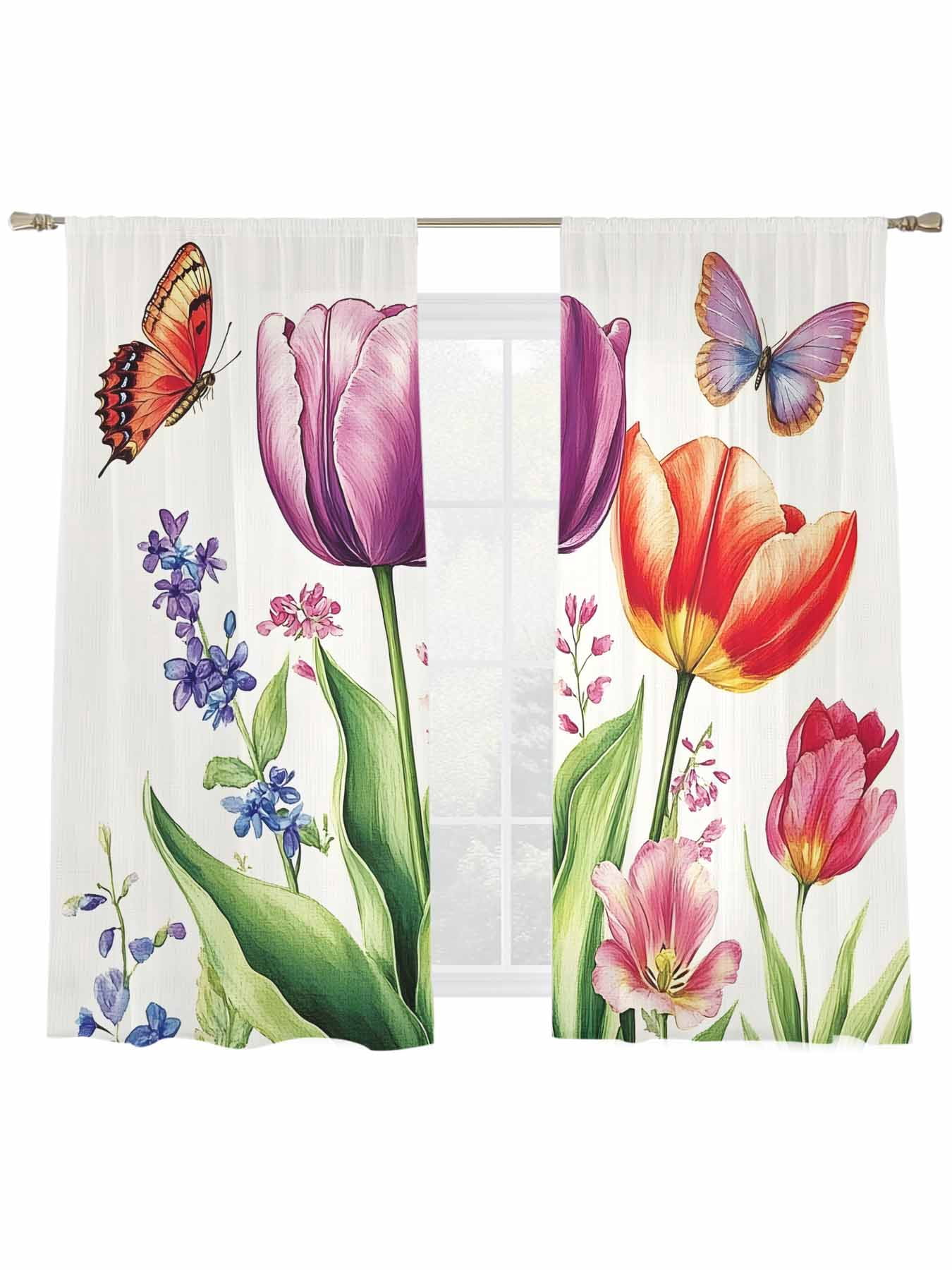 Flying Butterfly Tulips Sheer Curtains 2 Panels Set Spring Floral Sheer ...
