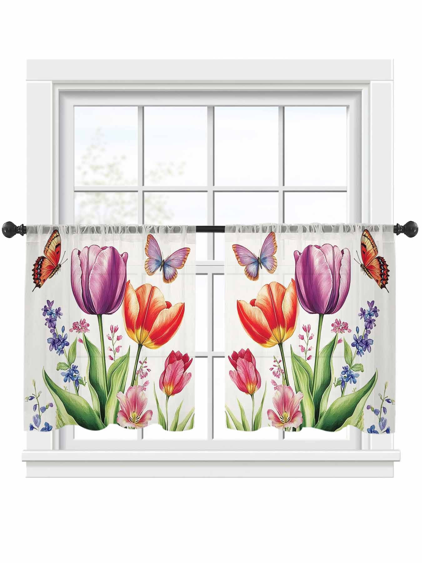 Flying Butterfly Tulips Sheer Curtains 2 Panels Set Spring Floral Sheer ...