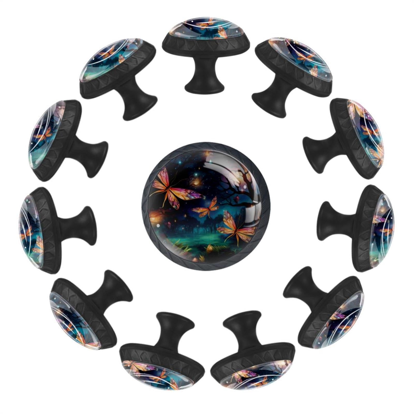 Flying Colorful Firefly Forest Pattern 35MM Round Glass Cabinet Knobs ...