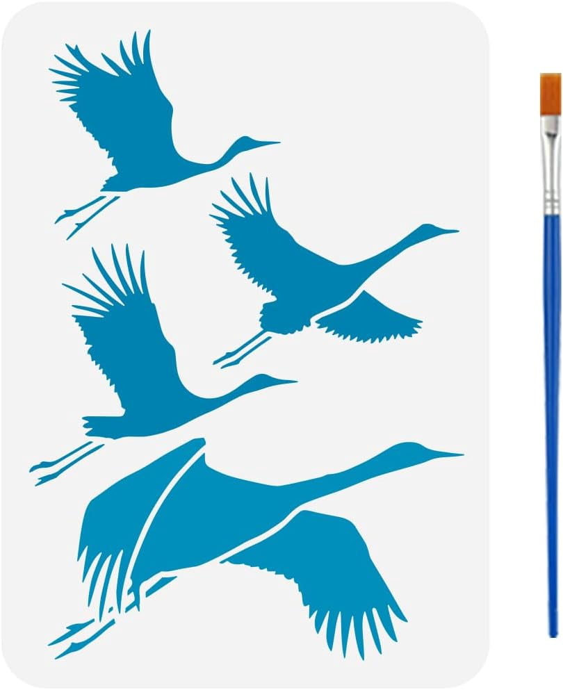 Flying Crane Stencil with Brush 8.3x11.7inch Crane Silhouette Template ...