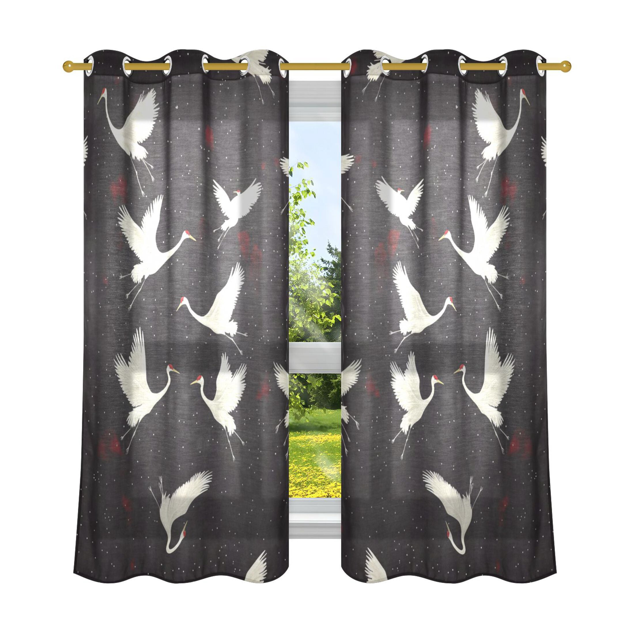 Flying Crane on Black Background Seamless Semi Sheer Curtains for ...