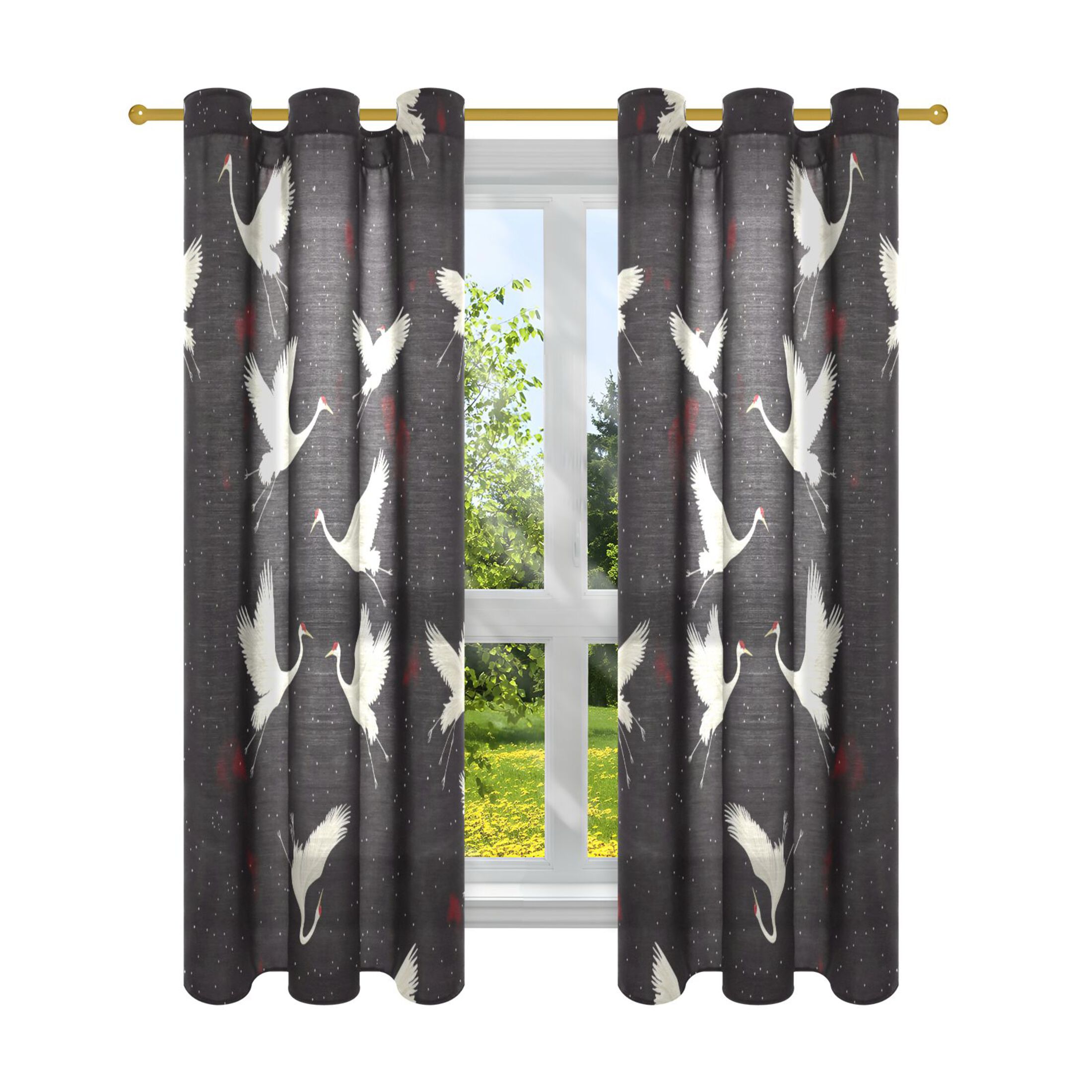 Flying Crane on Black Background Seamless Semi Sheer Curtains for ...