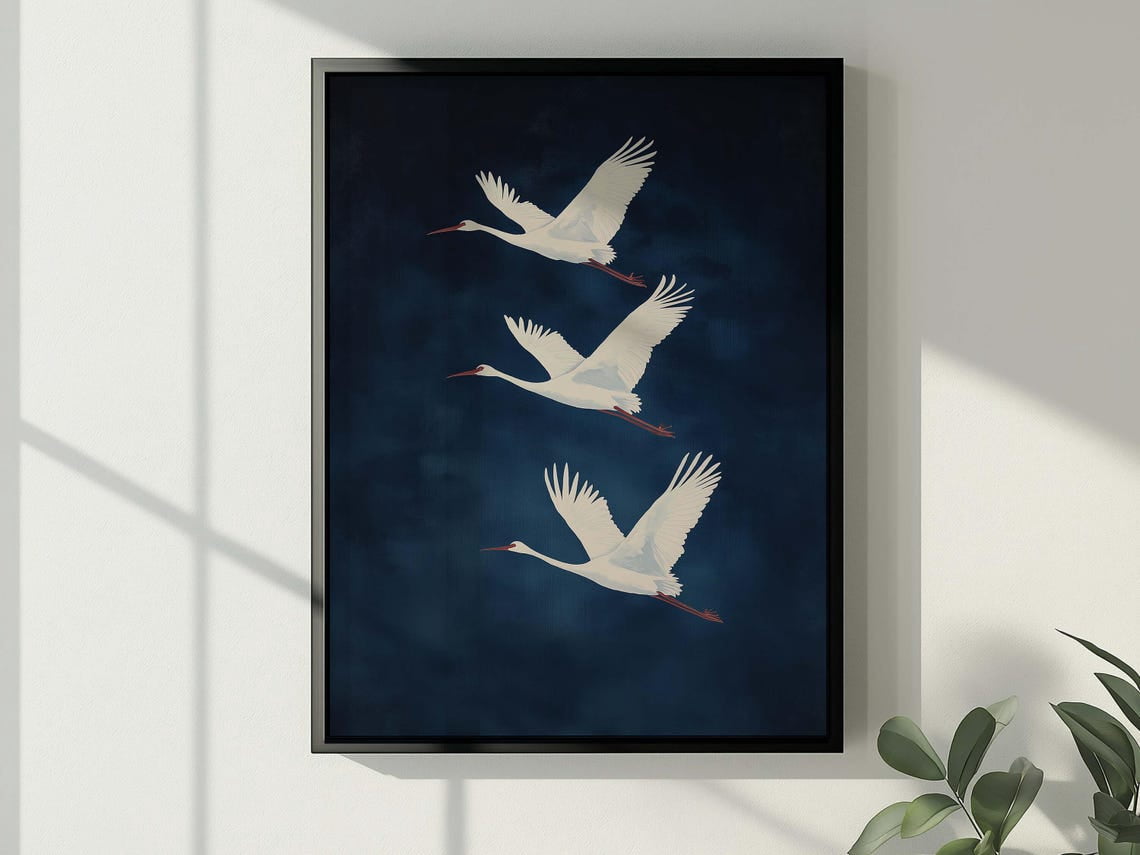 Flying Cranes Japandi Minimalist Blue Wall Art, Unframed Paper Print ...