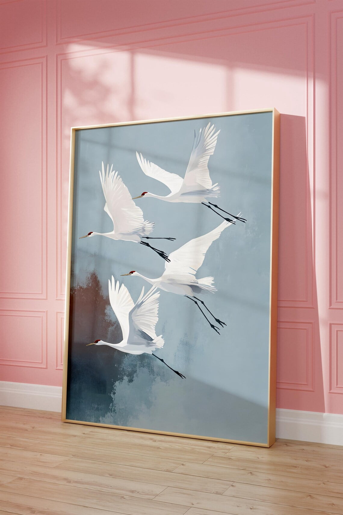 Flying Cranes Japandi Style Print Blue White Bird Crane Print, Vintage ...