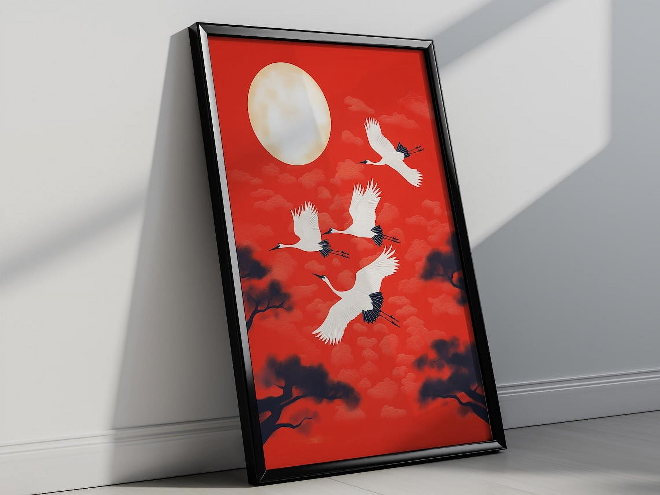 Flying Cranes Red Gold Oriental Moon Japandi Wall Art, Unframed Canvas ...