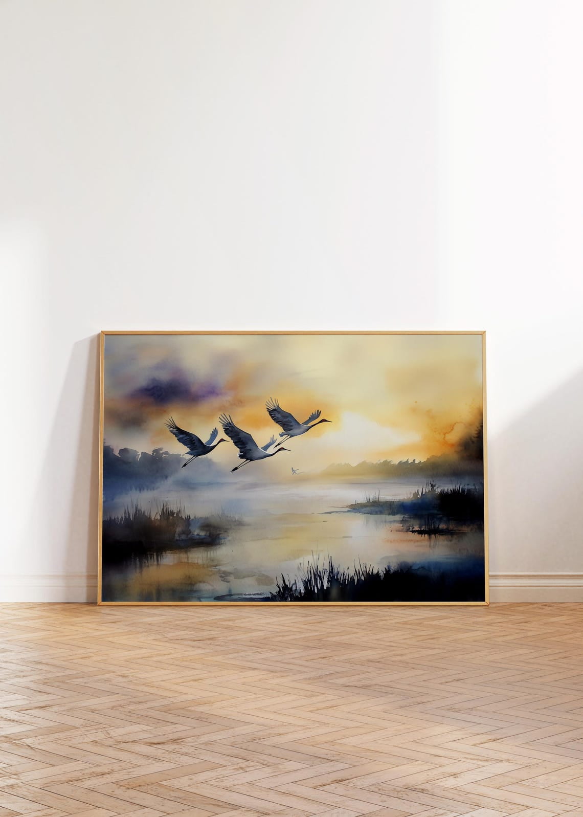Flying Cranes Sunset Watercolor Print, Bright Sky Decor, Flying Birds ...