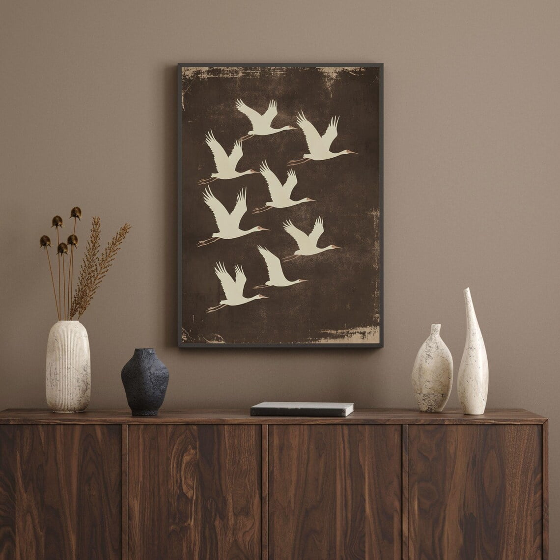 Flying Cranes Wall Art, Japandi Style Art Printable Flock of Birds ...