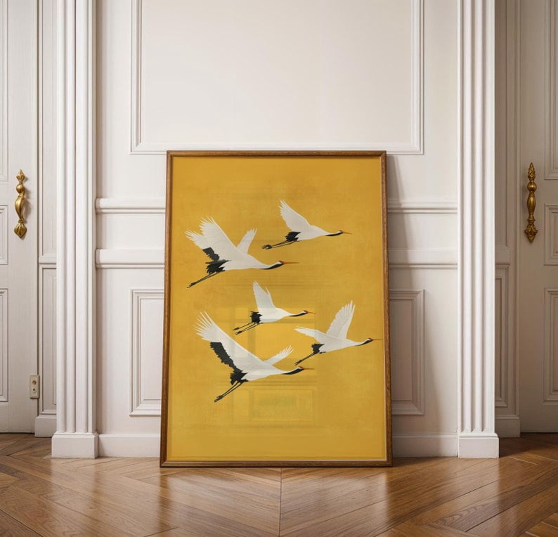 Flying Cranes on Golden Yellow,Japandi Decor, Boho Bird Art, Japanese ...