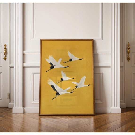 Flying Cranes on Golden Yellow,Japandi Decor, Boho Bird Art, Japanese ...