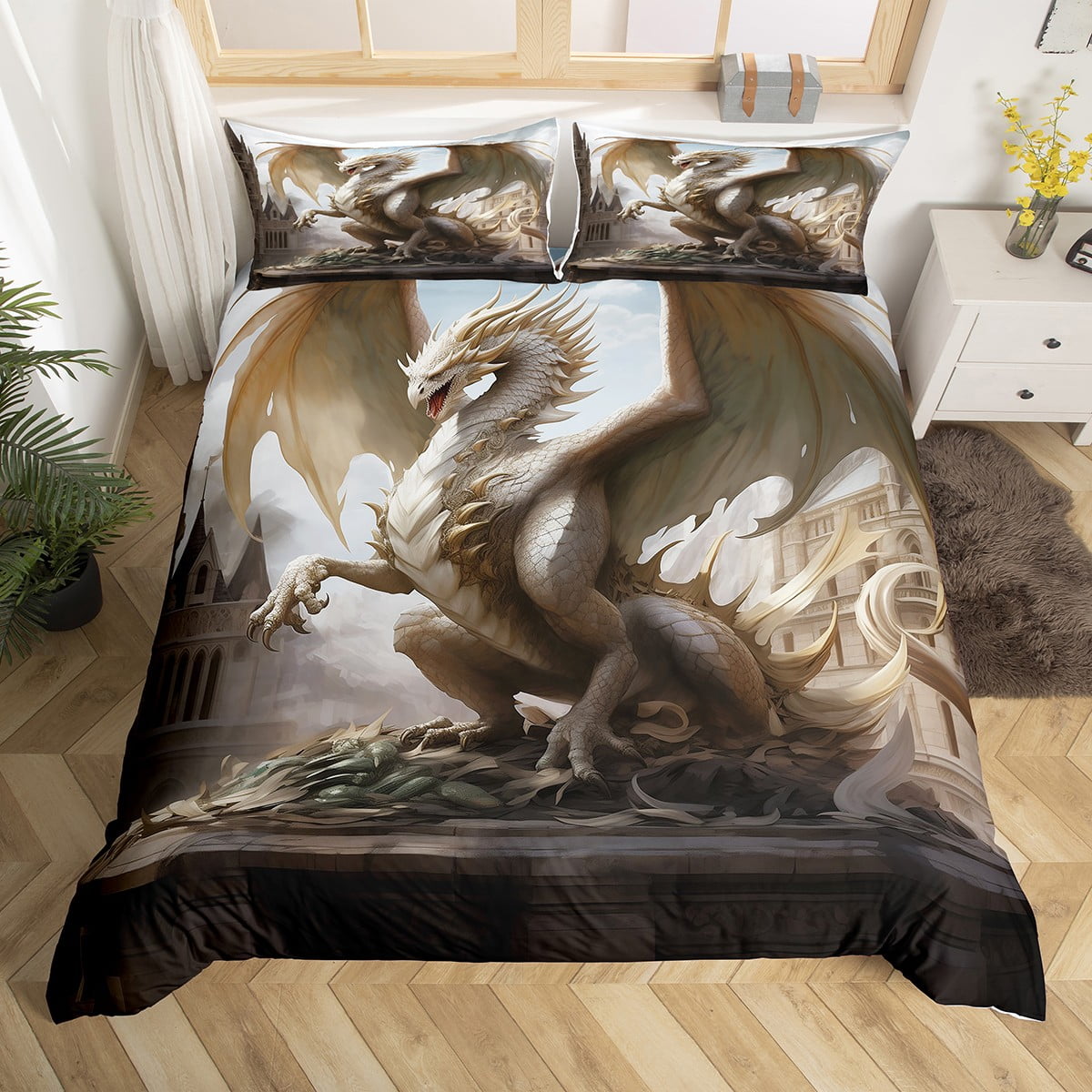 Flying Dragon Bedding Set Gifts for Dragon Lovers Duvet Cover White ...