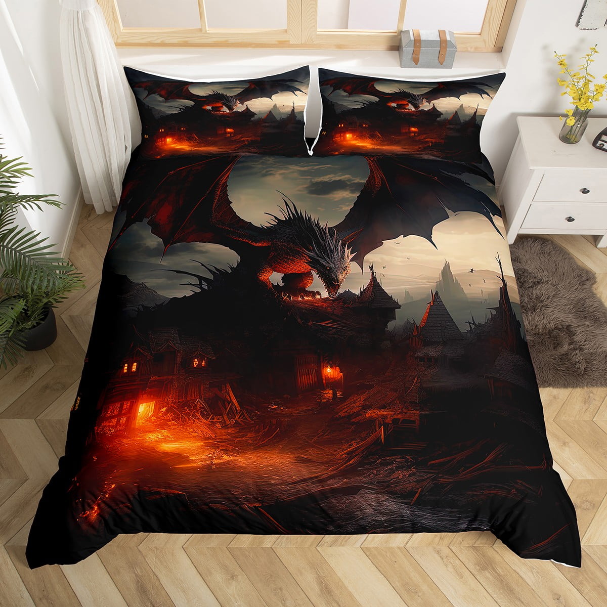 Flying Dragon Bedding Set Red Fire Dragon Print Comforter Cover Twin ...