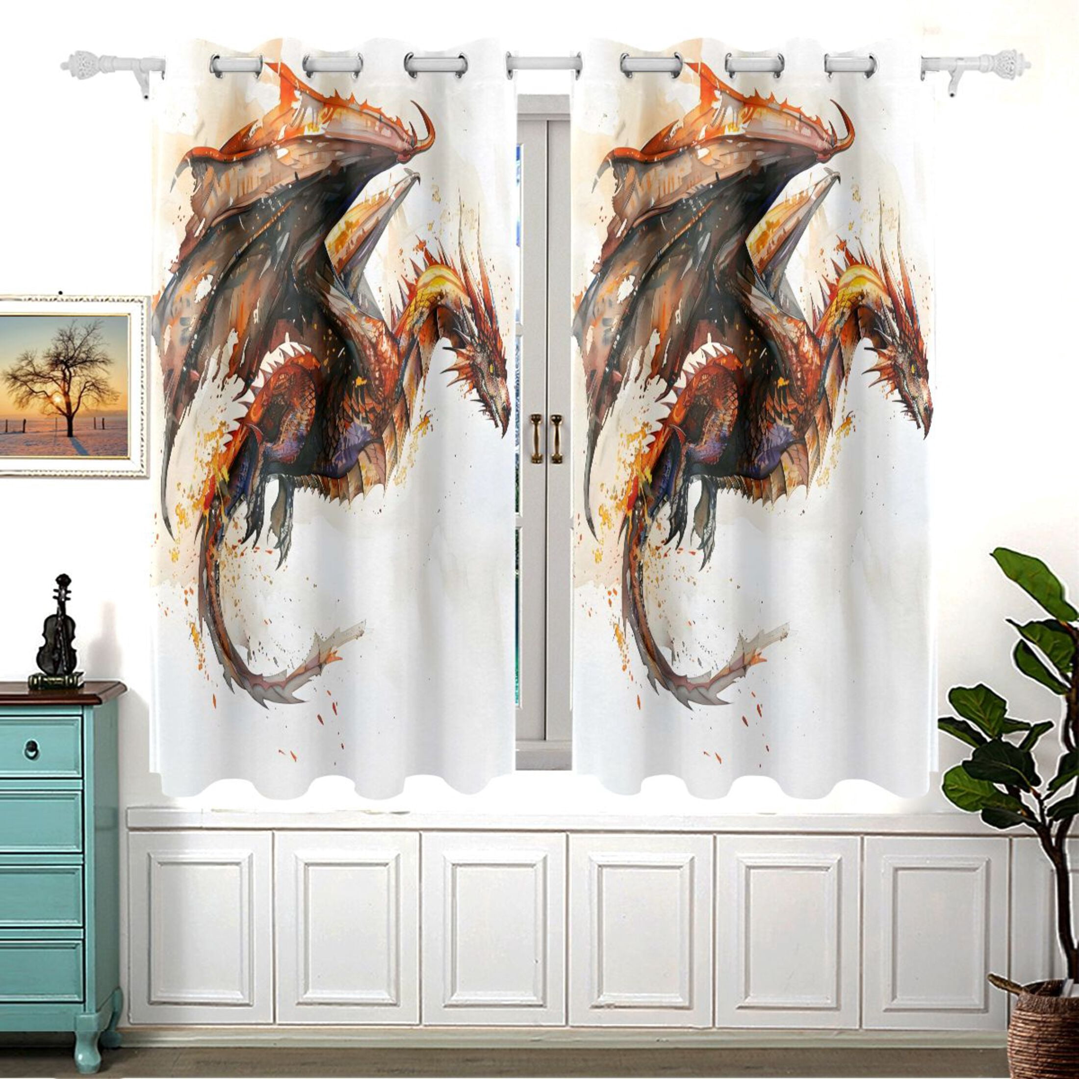 Flying Dragon Watercolour Curtains Drapes with Grommets 2 Panels 54" x ...