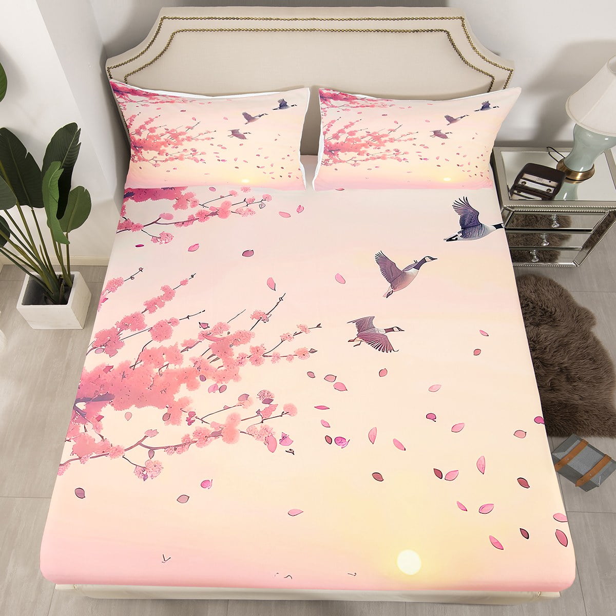 Flying Duck Bed Sheets Twin,Pastel Pink Cherry Blossom Bedding Set ...