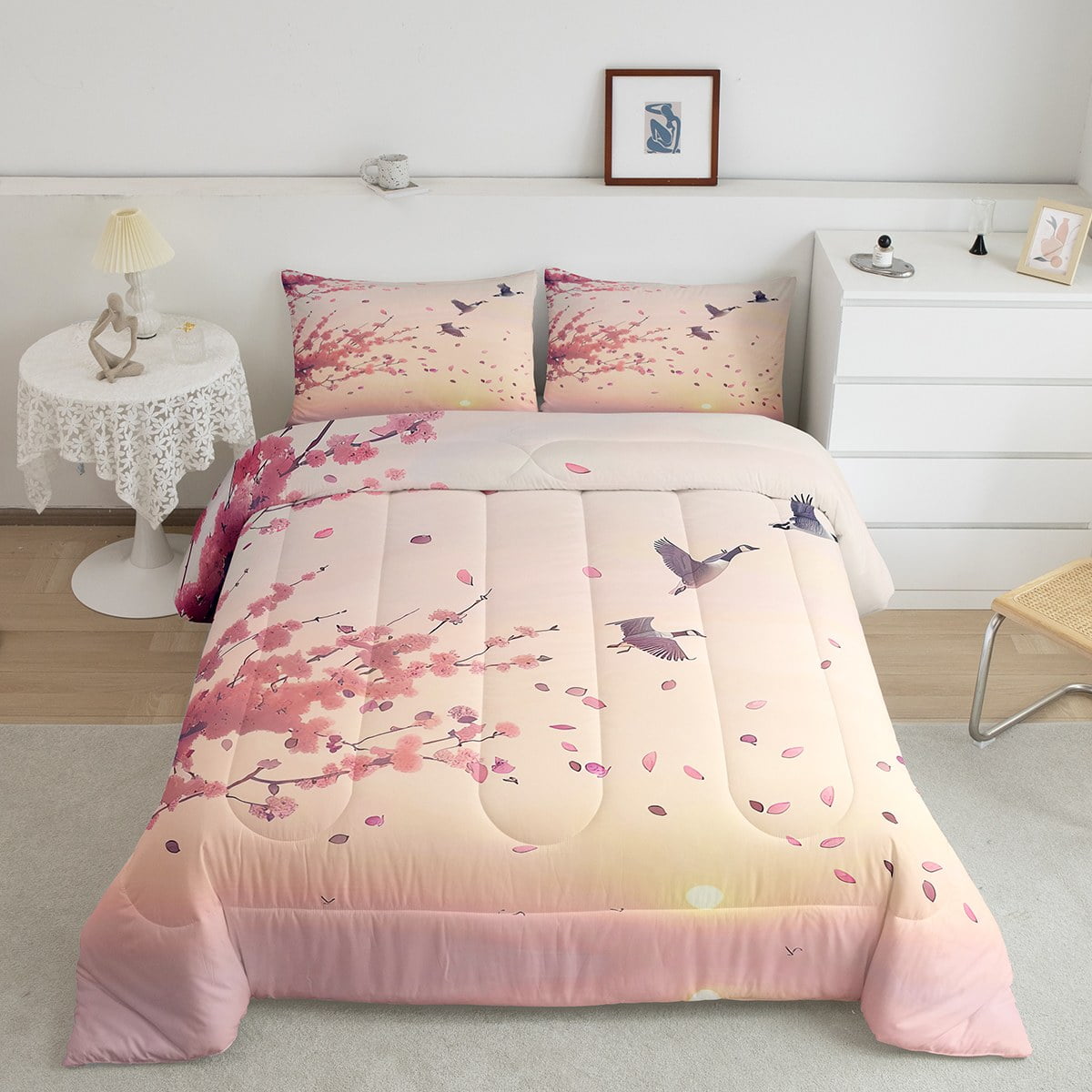 Flying Duck Bedding Set Twin,Pastel Pink Cherry Blossom Quilt Hunting ...