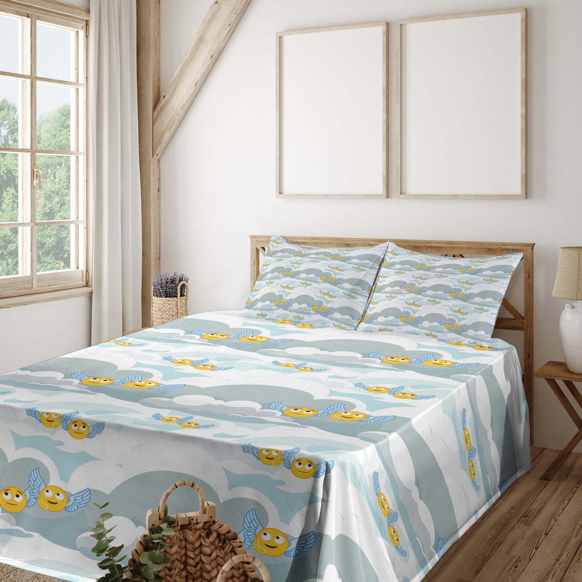 Flying Emoji Sheet Set, Fantasy World Cloudy Sky Backdrop with Winged Classic Yellow Faces ...