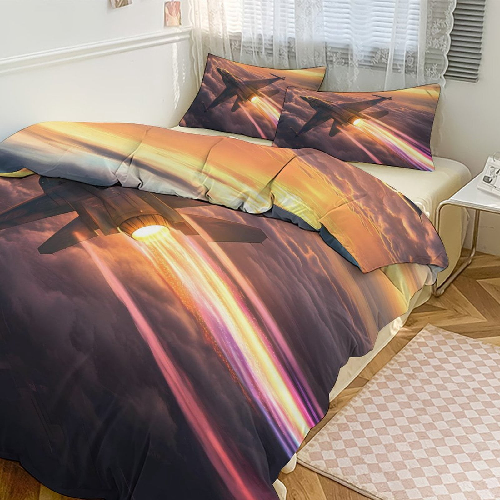 Flying Fighter Jet And Sunset Duvet Cover King&Queen Size Soft 3 Pieces ...
