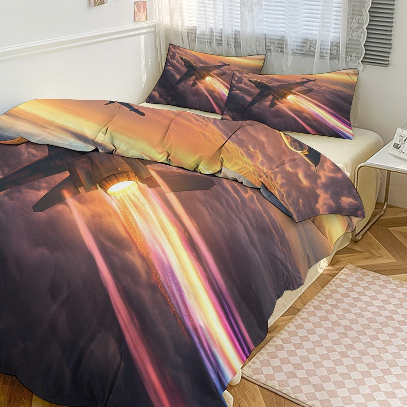 Flying Fighter Jet And Sunset Duvet Cover King&Queen Size Soft 3 Pieces ...