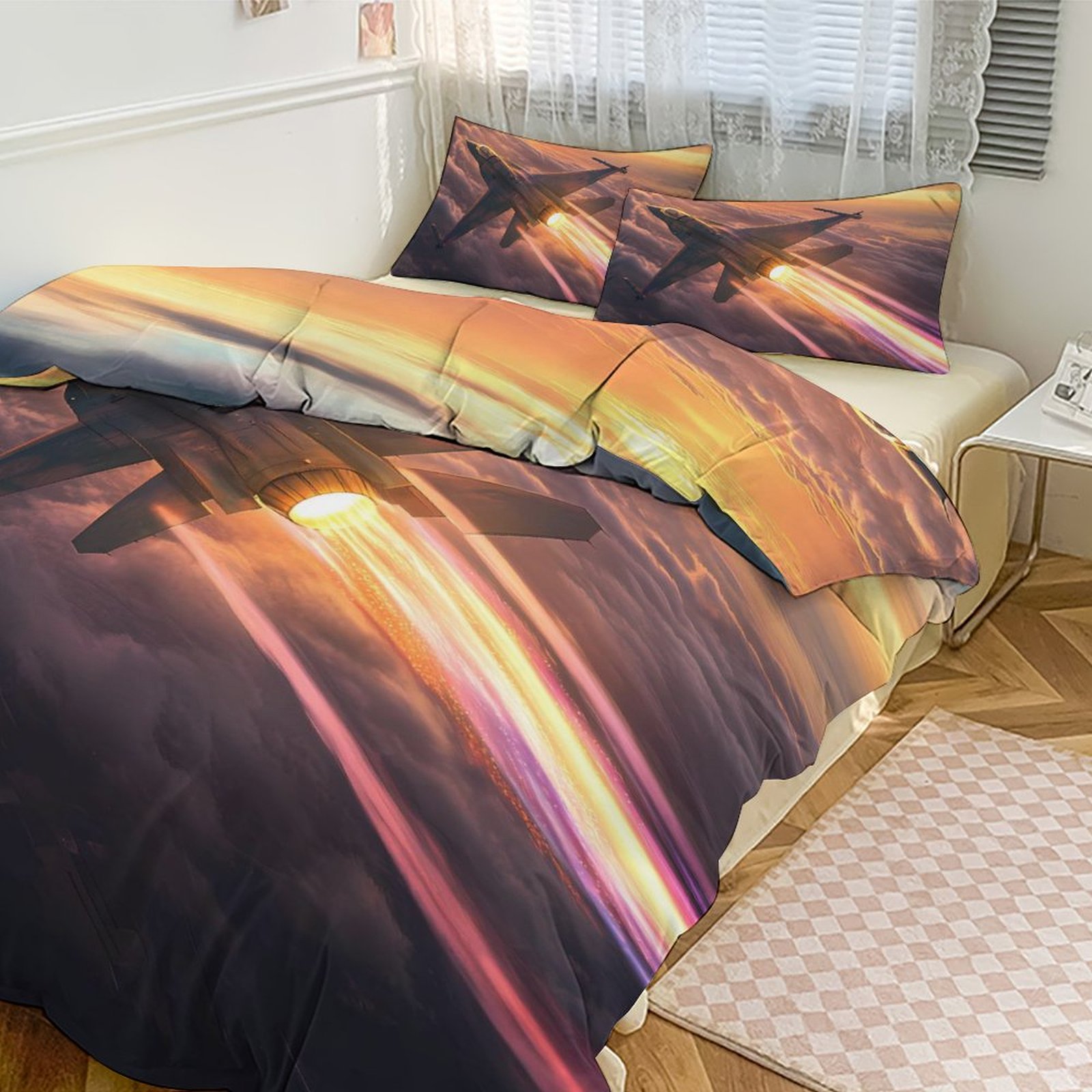 Flying Fighter Jet And Sunset Duvet Cover King&Queen Size Soft 3 Pieces ...