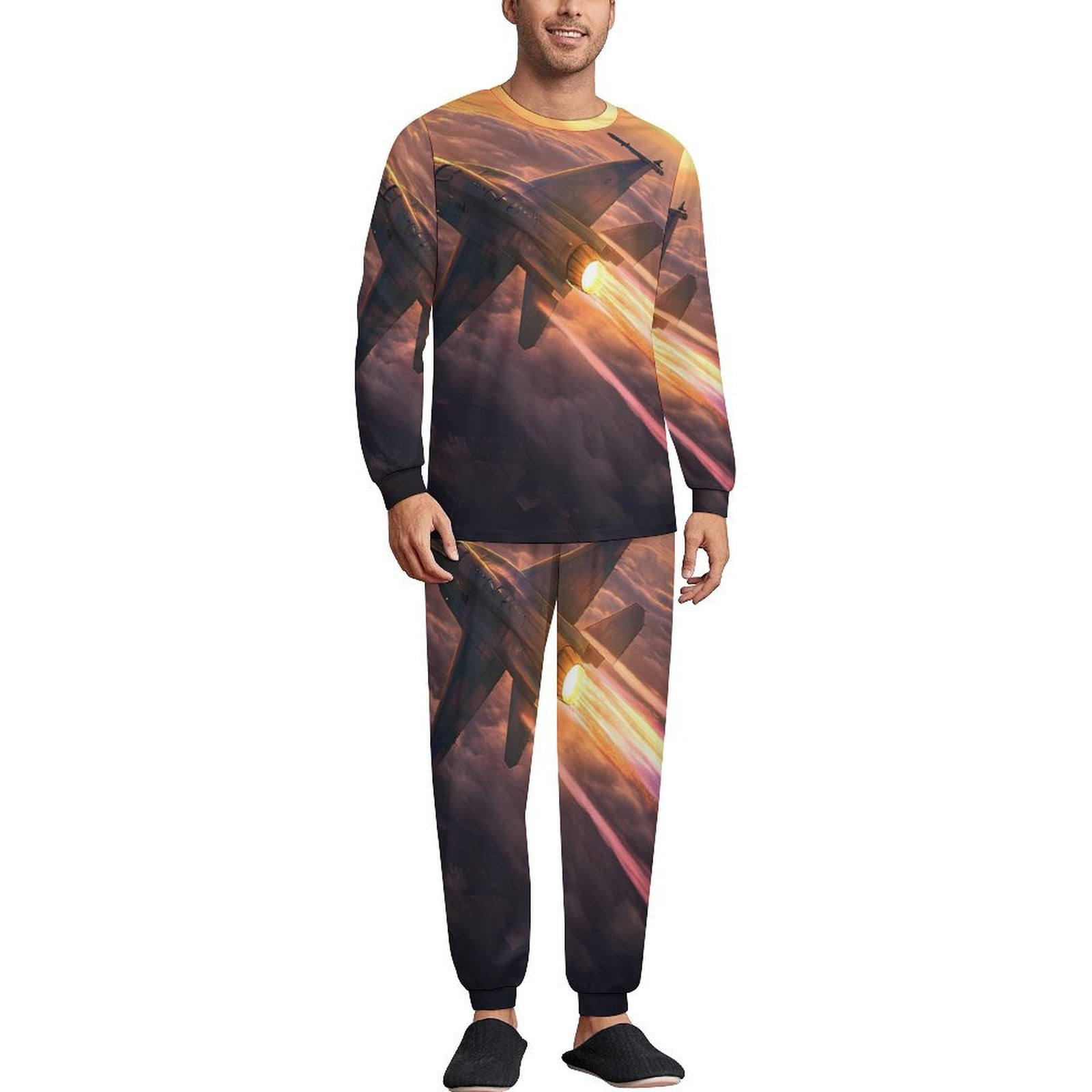 Flying Fighter Jet And Sunset Men's Pajama Set Lightweight Soft ...