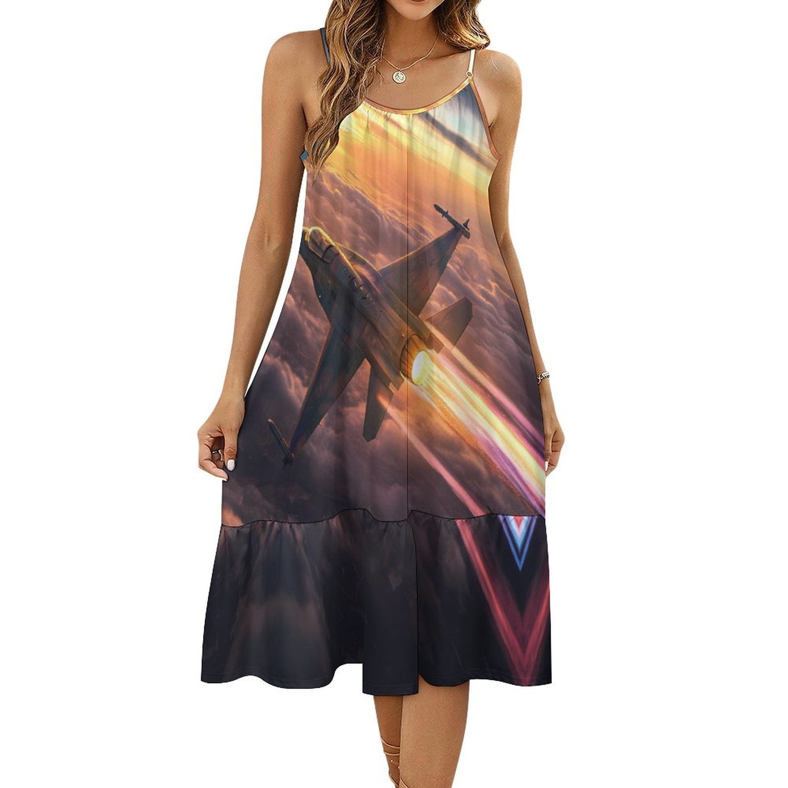 Flying Fighter Jet And Sunset Women Summer Dresses Spaghetti Strap ...