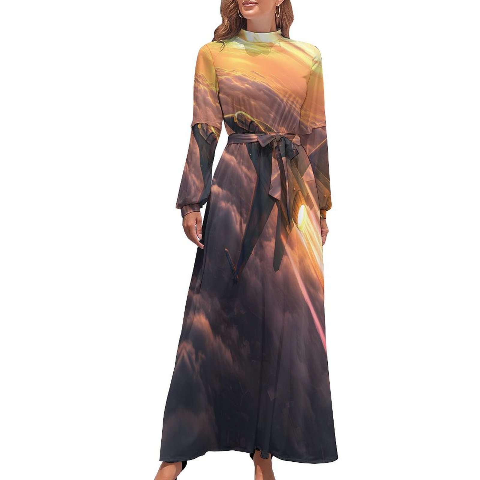 Flying Fighter Jet And Sunset Women's Fall Maxi Dress Long Sleeve ...