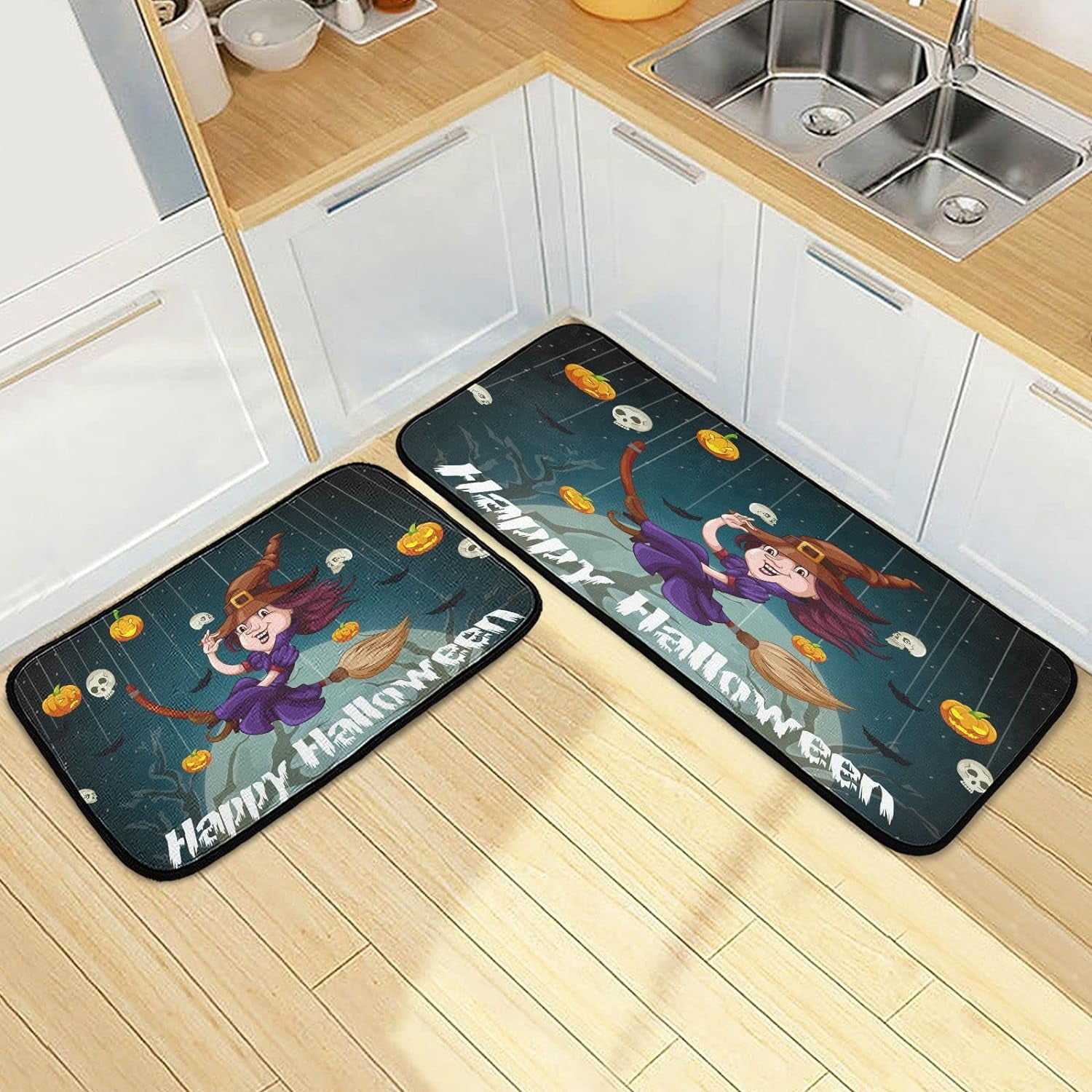 Flying Halloween Witch Kitchen Rugs 2 Pieces, Pumpkin Skull Broom Floor ...