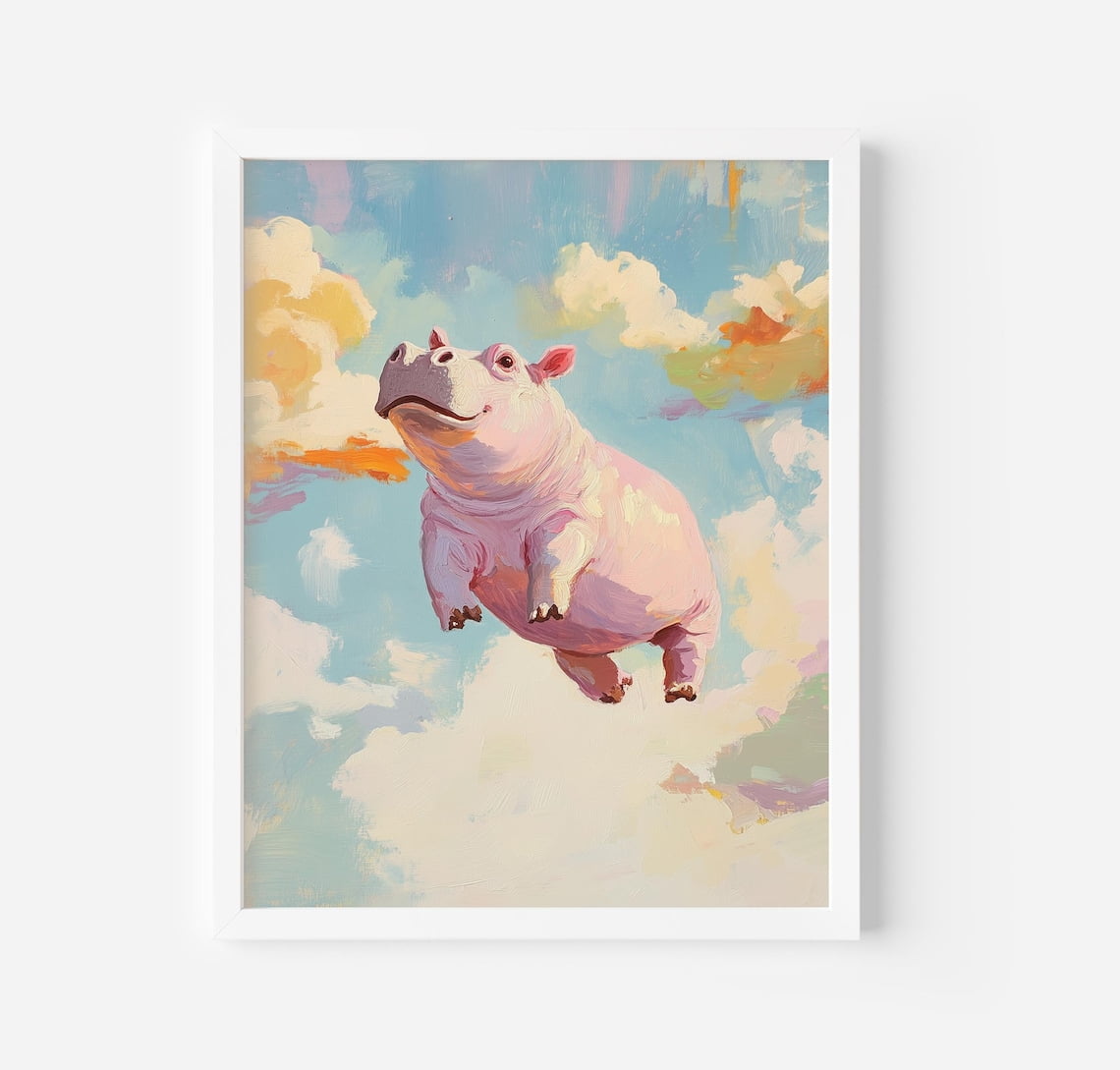 Flying Hippo Art Poster Safari Nursery Decor, Unframed Canvas Size 8x12 ...