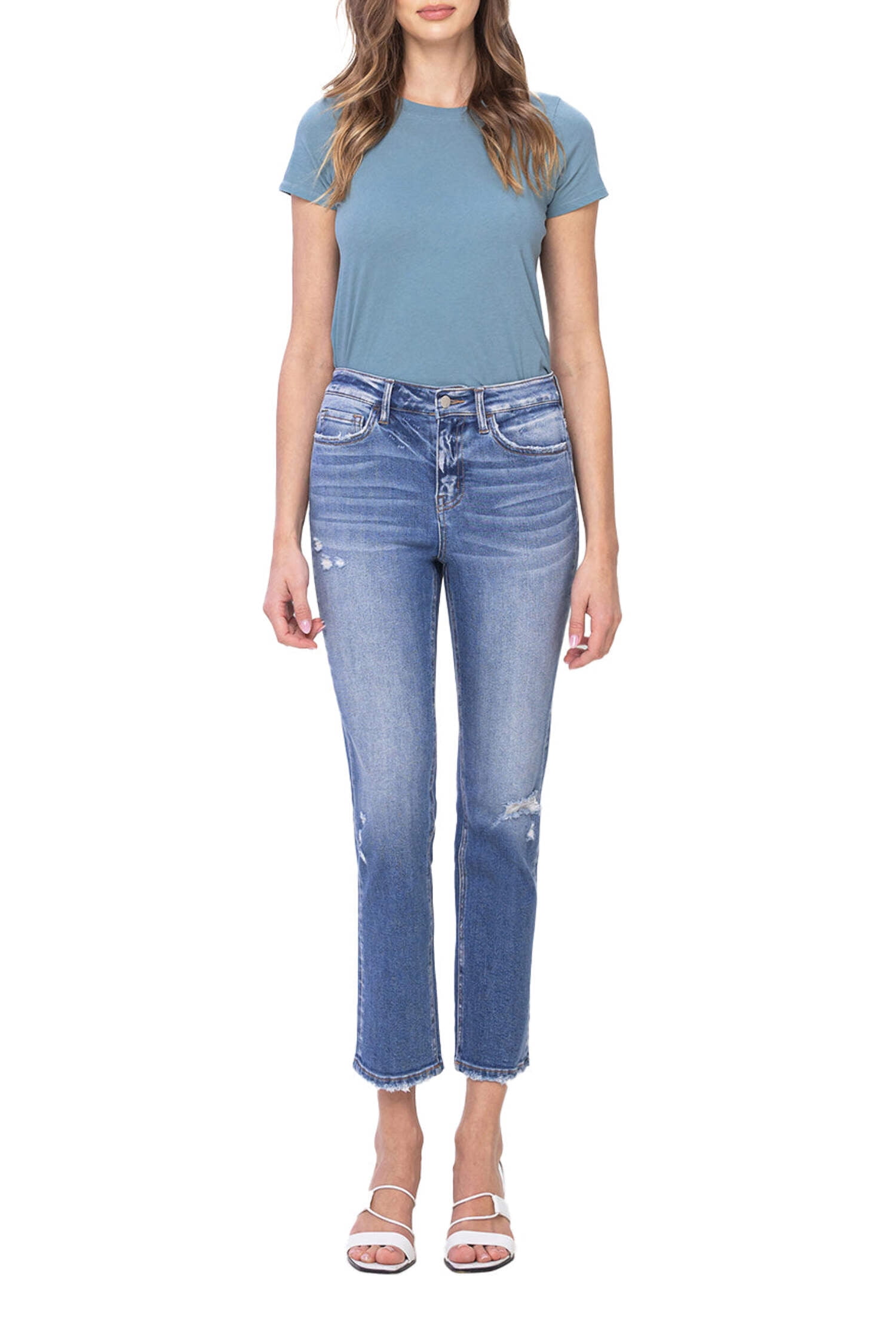 Flying Monkey - High Rise Slim Straight Jeans with Distressed Hem (27.5 ...